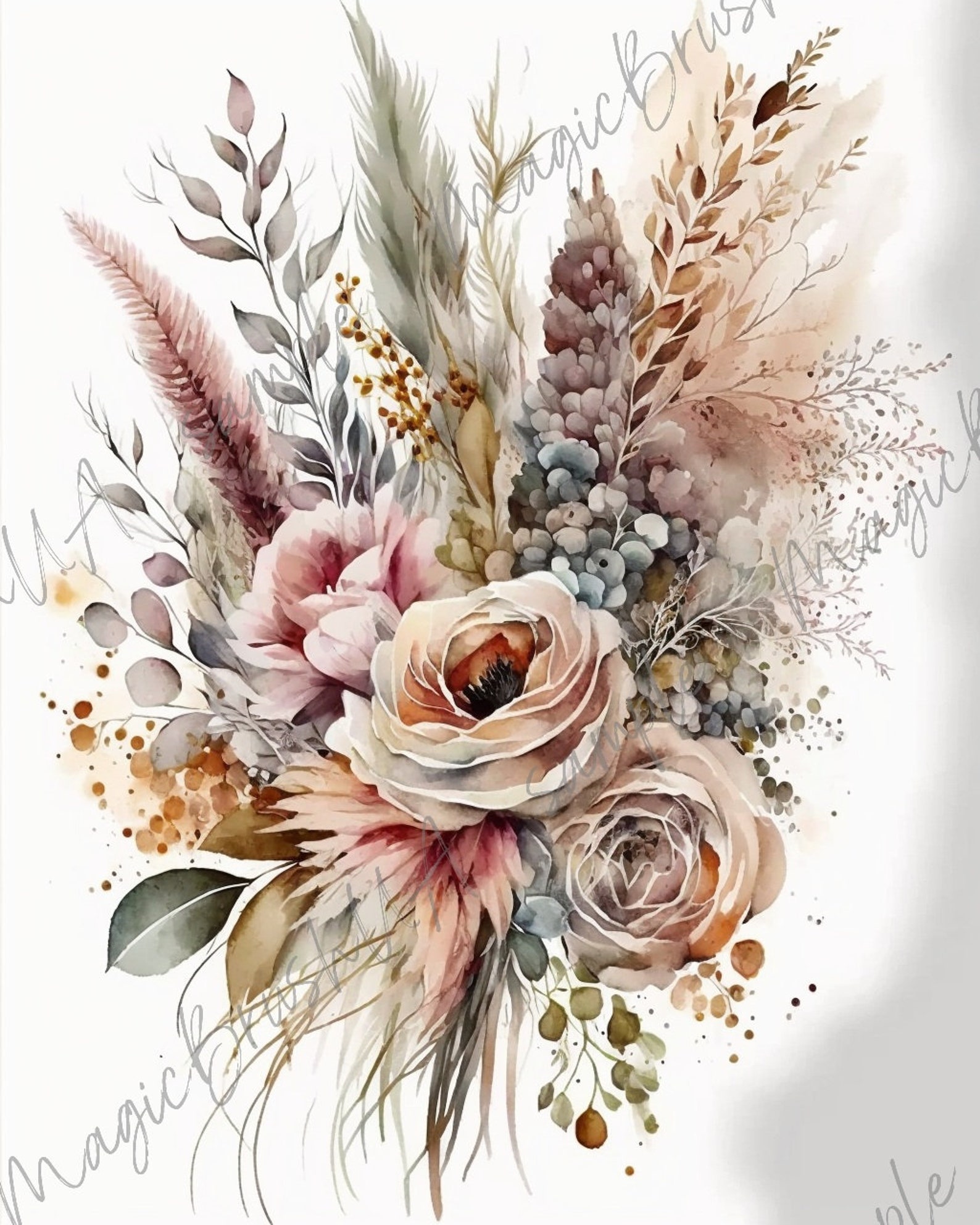 Boho Floral Bouquet Printable Art Prints Digital Crafting - Etsy