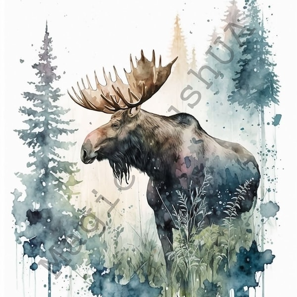 Moose Watercolor - Etsy