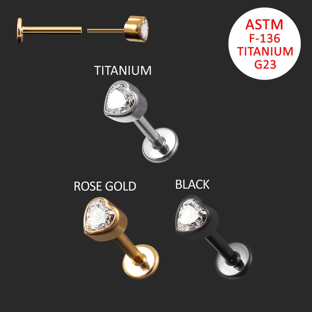 G23 Grade Titanium Heart CZ Jeweled Tragus Top Push Fit With Labret ...