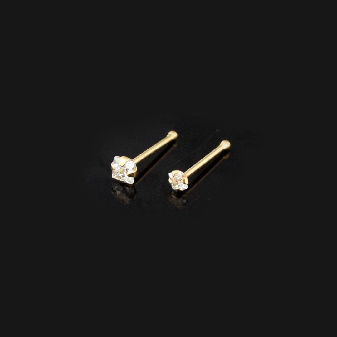 14ct Solid Yellow Gold Nose Bone Pin With Square Cubic Zirconia Stone ...