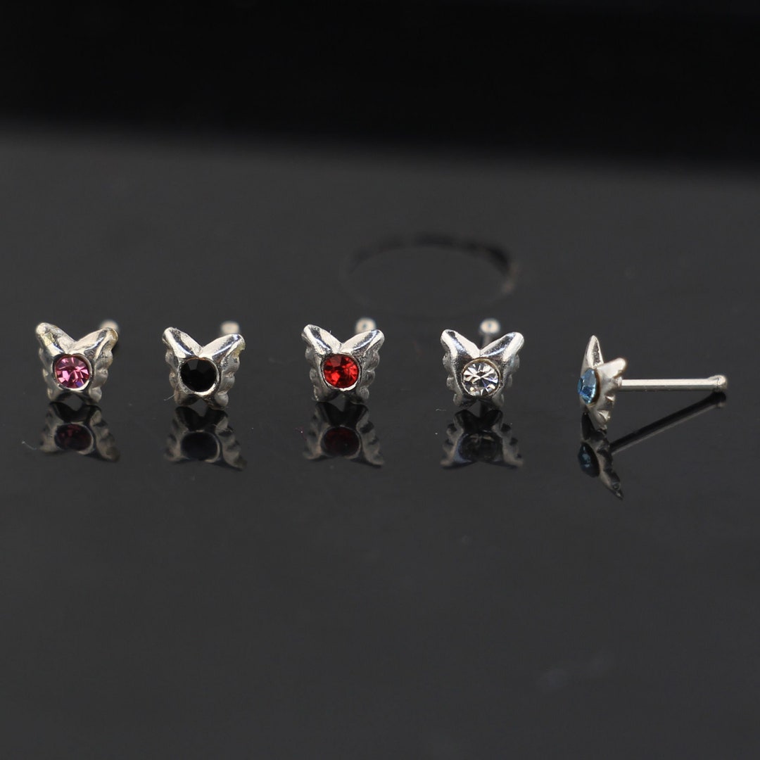Crystal Gemstone & Butterfly Nose Ring Silver Nose Ring Nose Bone Stud ...