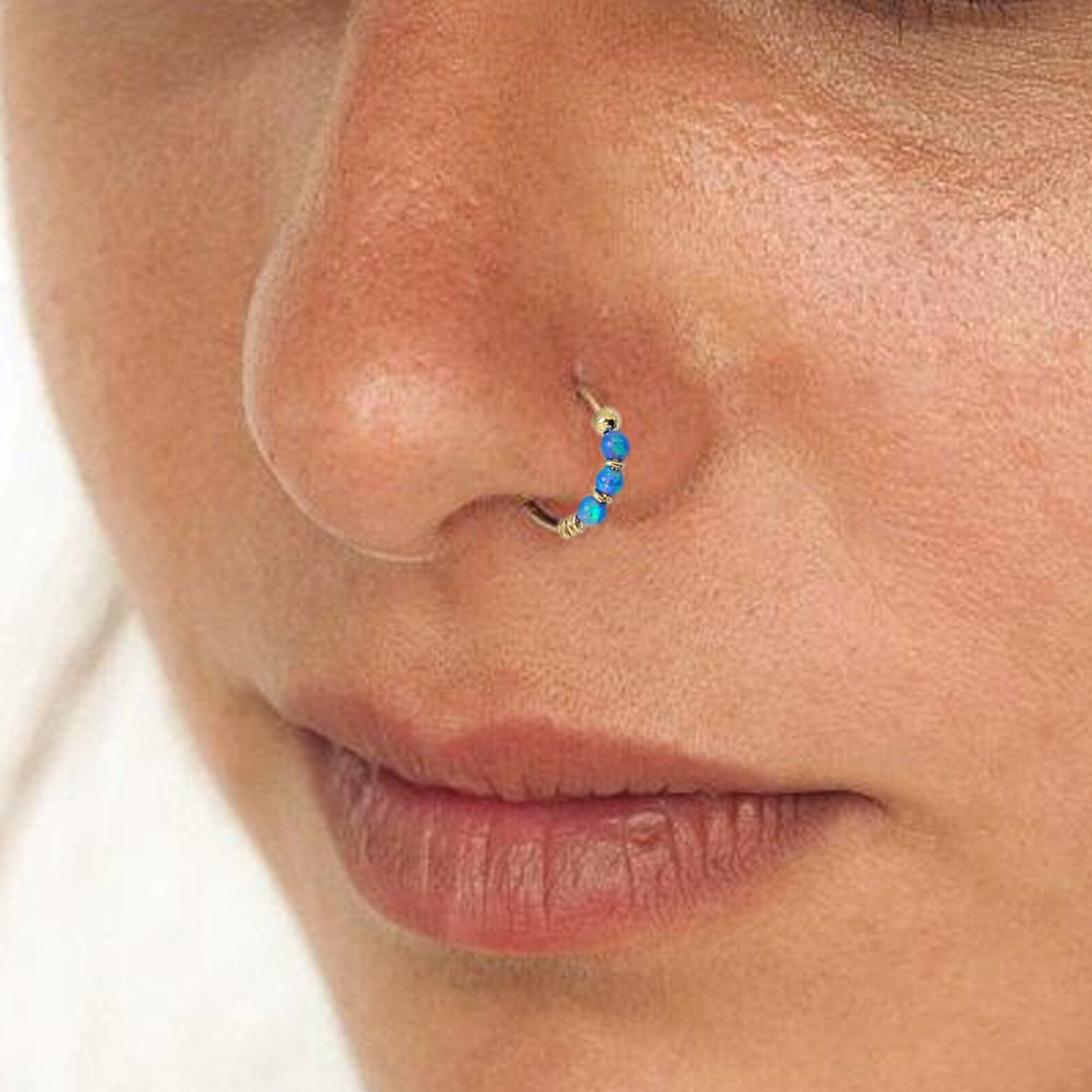 Blue Opal Beaded Nose Ring Hoop 14K Gold Nose Ring Thin Nose - Etsy