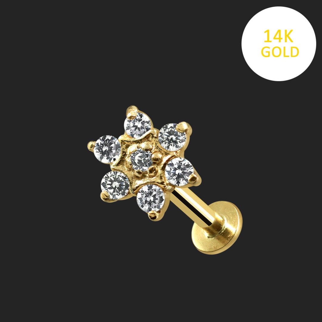 14K Solid Gold Round CZ Flower Jeweled With Flat Back Labret/ Cartilage ...