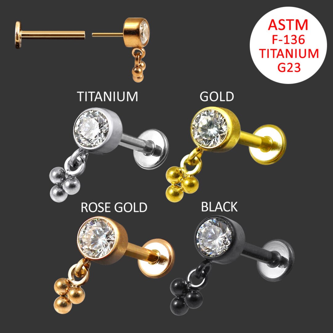 G23 Grade Titanium CZ Jeweled Tragus Top Push Fit Triple Dangling Balls ...