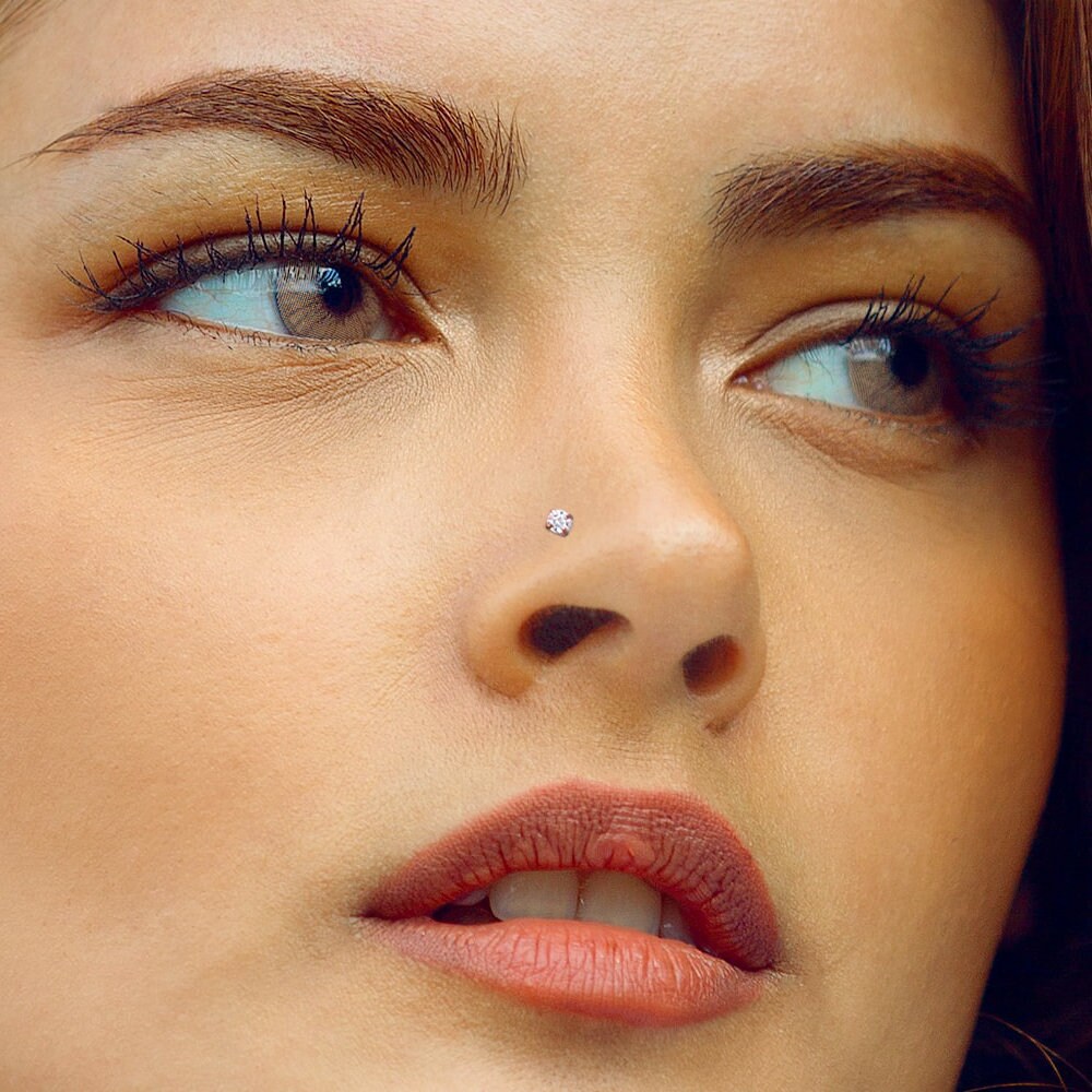 14ct Solid Rose Gold Nose Bone Pin With Round Cubic Zirconia | Etsy