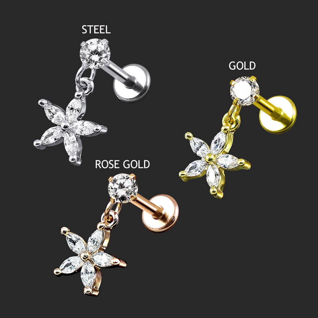 Jeweled Flower Internally Threaded Screw Fit Dangling Tragus Piercing ...
