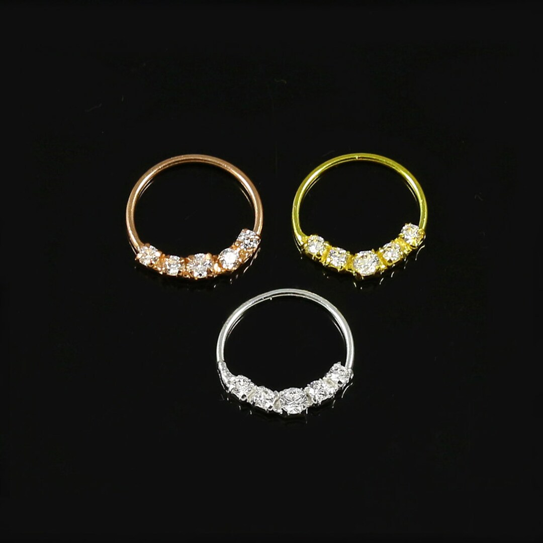 Paved 5 Crystal Nose Ring Hoop Sterling Silver Nose Ring Thin Nose Ring ...