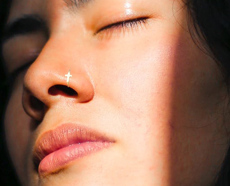 14ct Gold Nose Ring Open Nose Hoop Cross Nose Hoop Tiny - Etsy