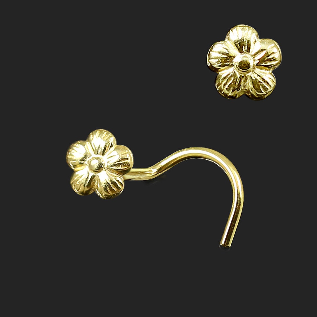9K Solid Yellow Gold Flower Nose Screw Gold Nose Screw Tiny Nose Stud ...