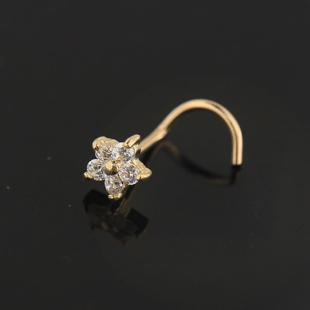 9K Solid Gold Flower Nose Ring With Gemstone Screw Nose Stud 20 Gauge ...