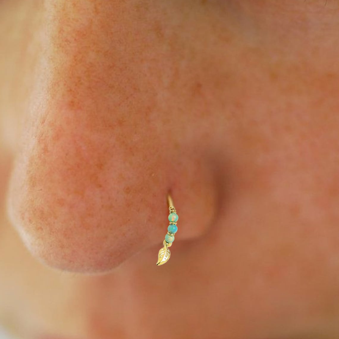 Light Green Opal Nose Hoop Beaded Nose Ring With Leaf 9K - Etsy