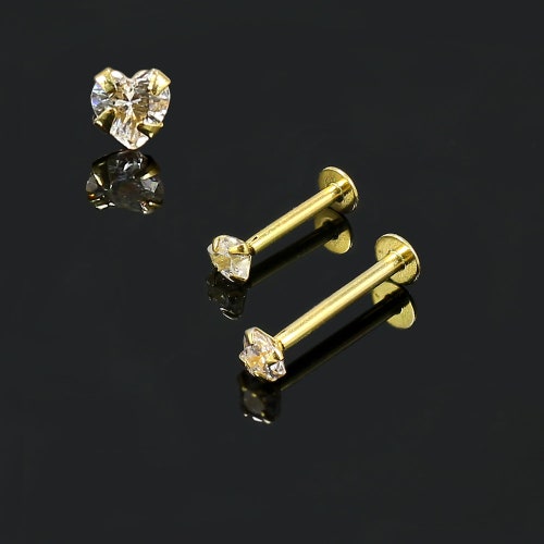 14K Gold Labret Heart CZ Labret/ Cartilage Stud Tragus - Etsy