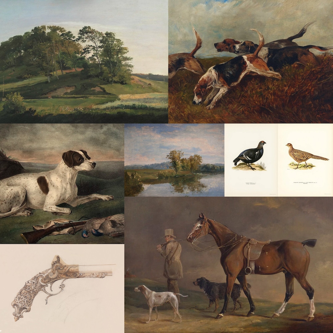 Vintage Hunting Art Print Set, Hound Dog Game Bird Pictures, Rustic ...