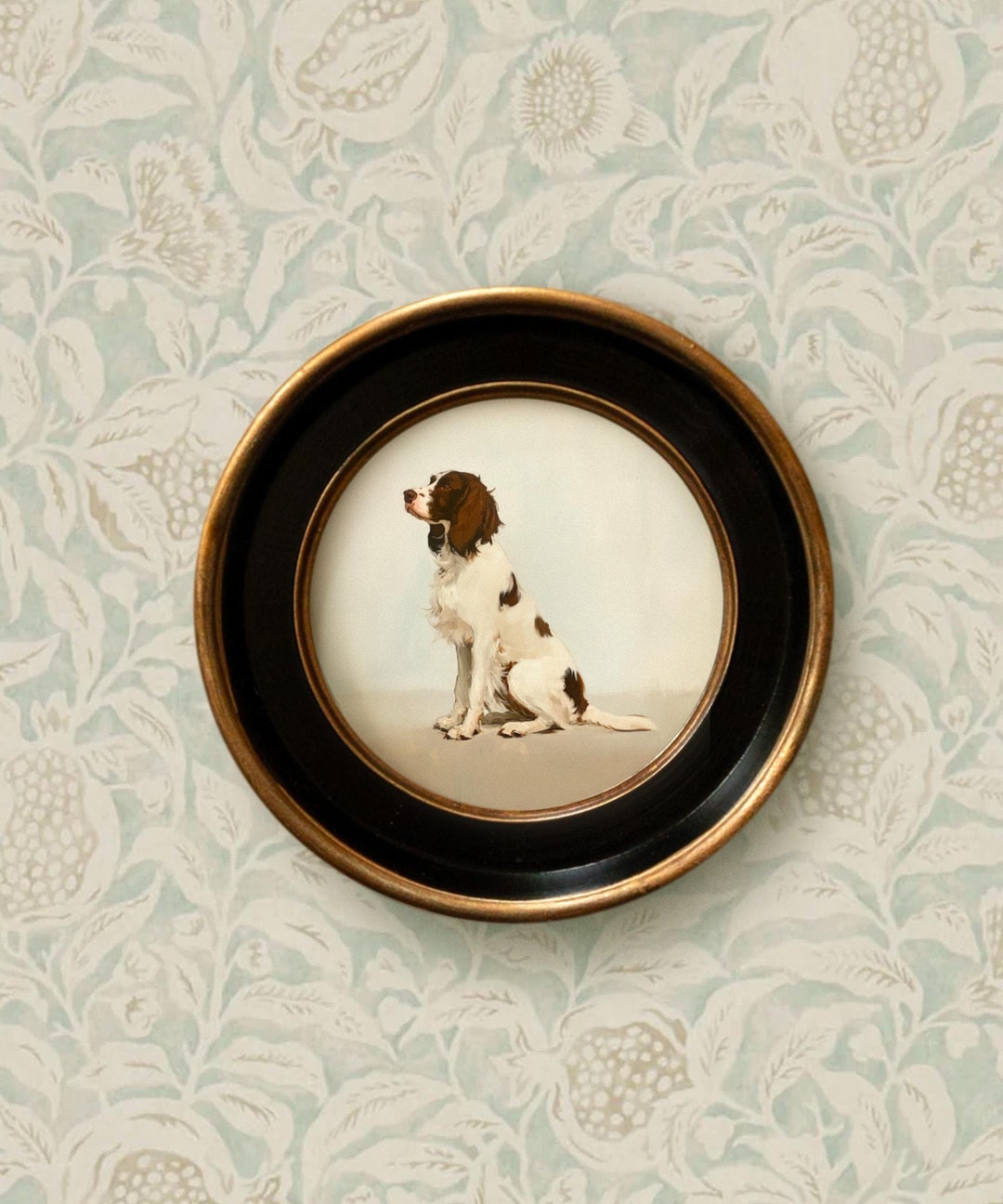Springer Spaniel Art Print With Vintage Style Round Frame English ...