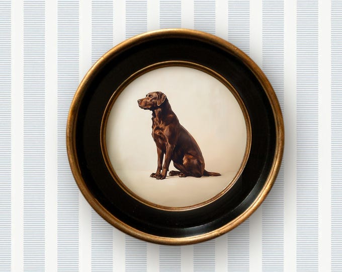 Chocolate Lab Dog Art Print | Vintage Style Round Frame | Chocolate ...