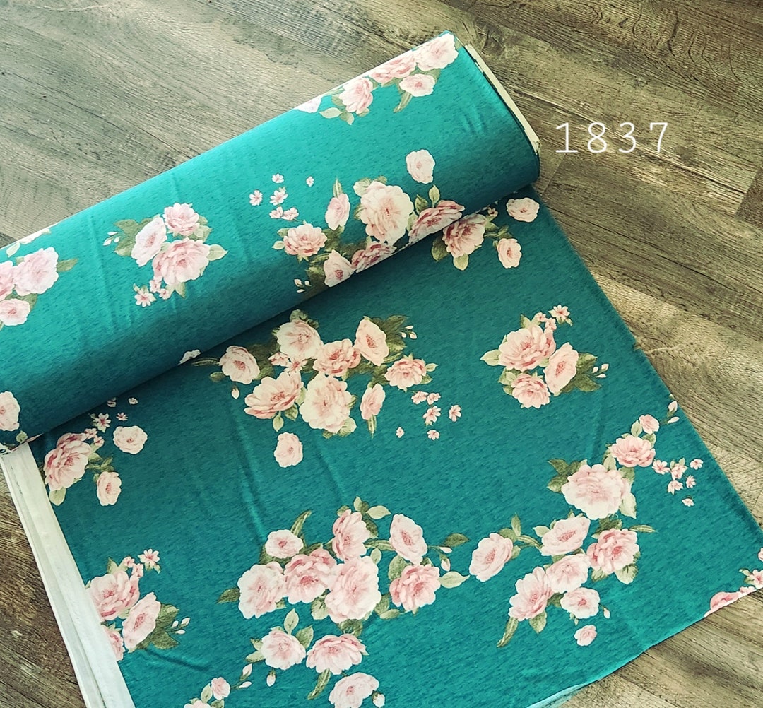 Bulgari ITY, Fabric by the Yard, Dty Knit Fabric, Teal With Pink Roses ...