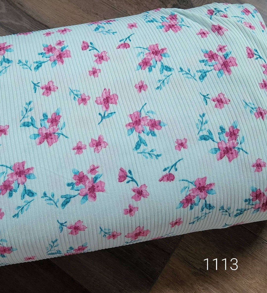 Ribbed Knit, Fabric by the Yard, Floral, Rib Knit, Mint With Floral ...