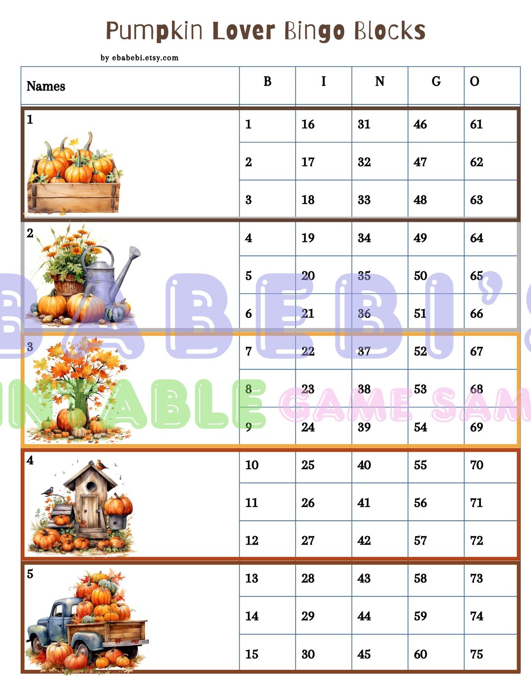 Bingo Boards -instant Download -15 Lines Fall Autumn Pumpkins Winter ...