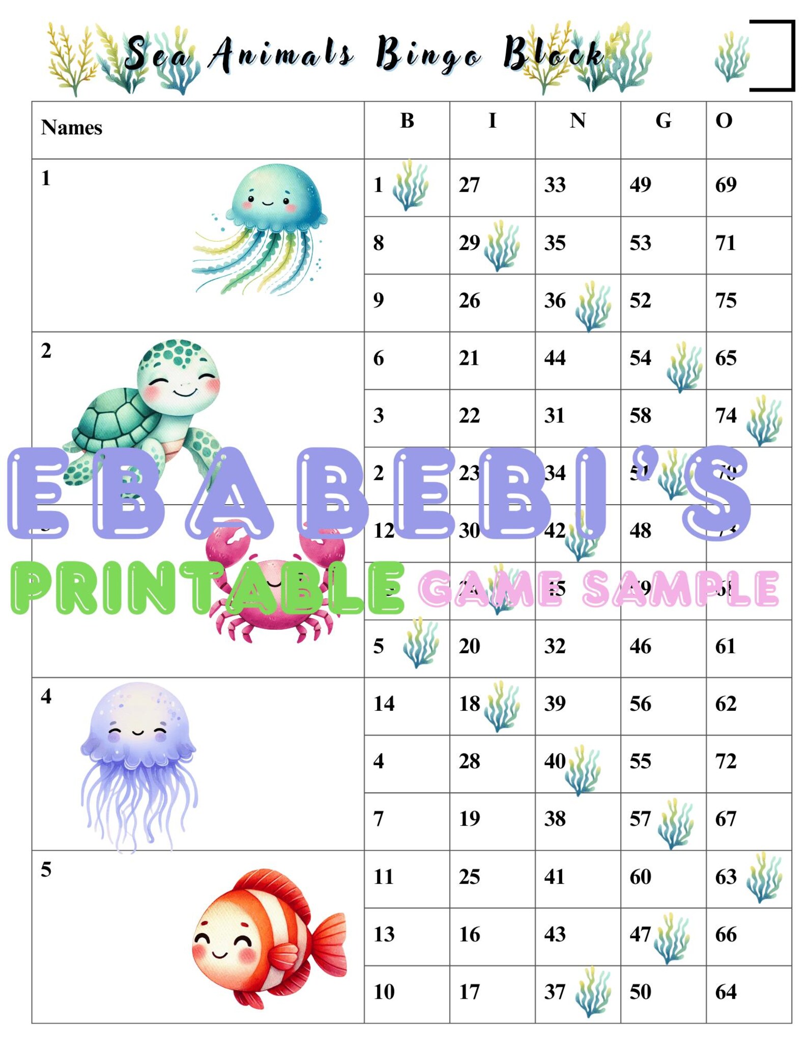 Bingo Boards -instant Download -15 Lines Bingo Blocks Sea Animals Jelly ...