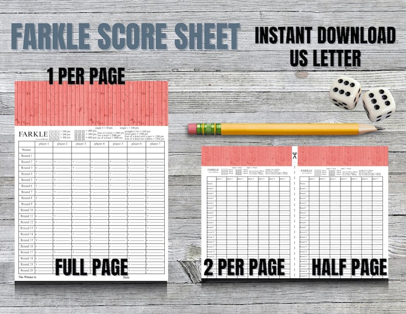 Farkle Score Sheet Printable – Cute Dice Game Scorecard for Family Game ...