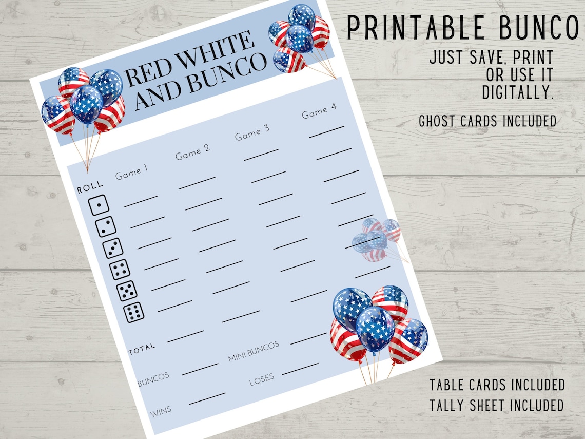 Patriotic American Bunco Set Printable Score Sheets Balloon Tally Cards ...