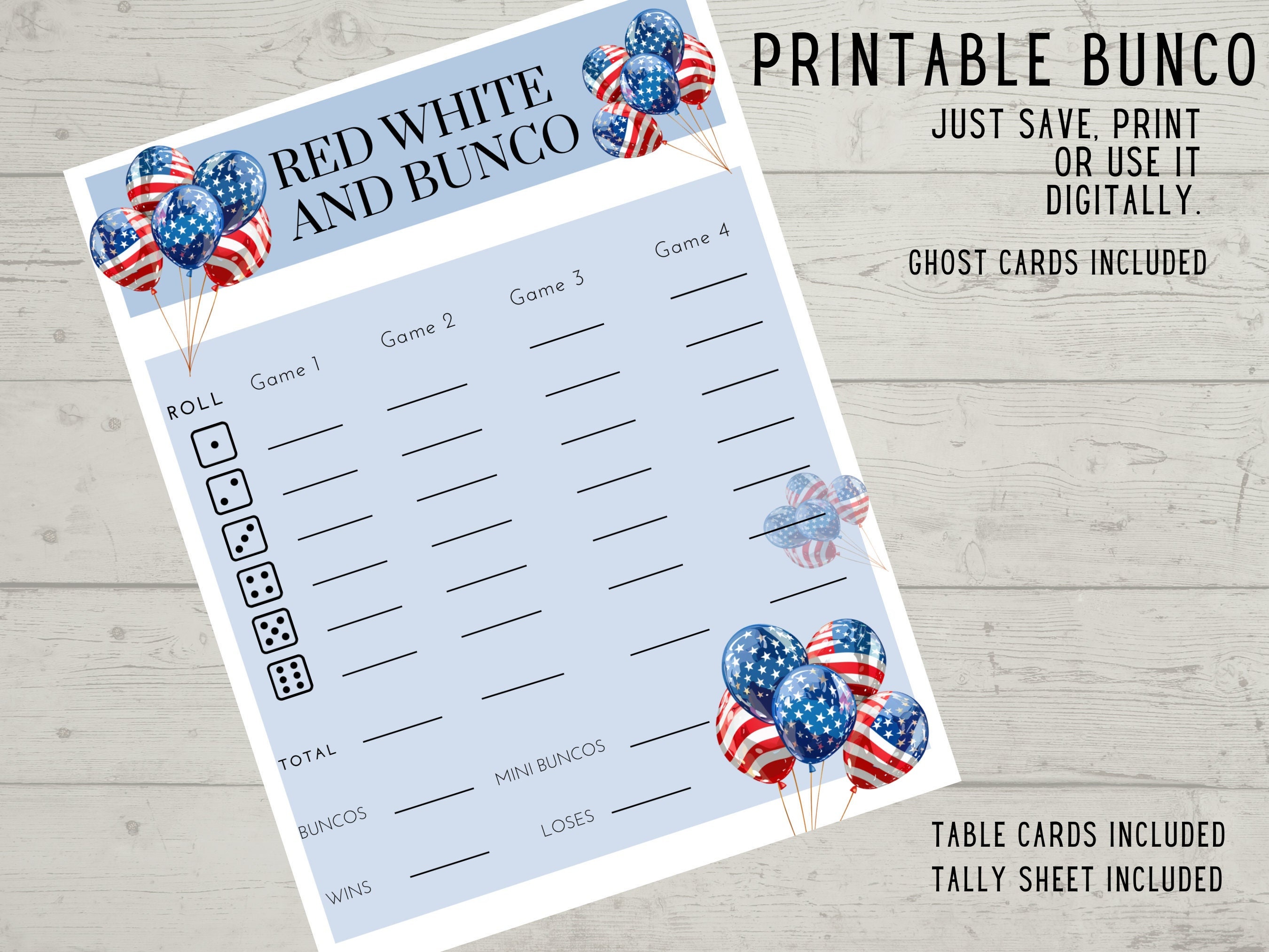 Patriotic American Bunco Set Printable Score Sheets Balloon Tally Cards ...