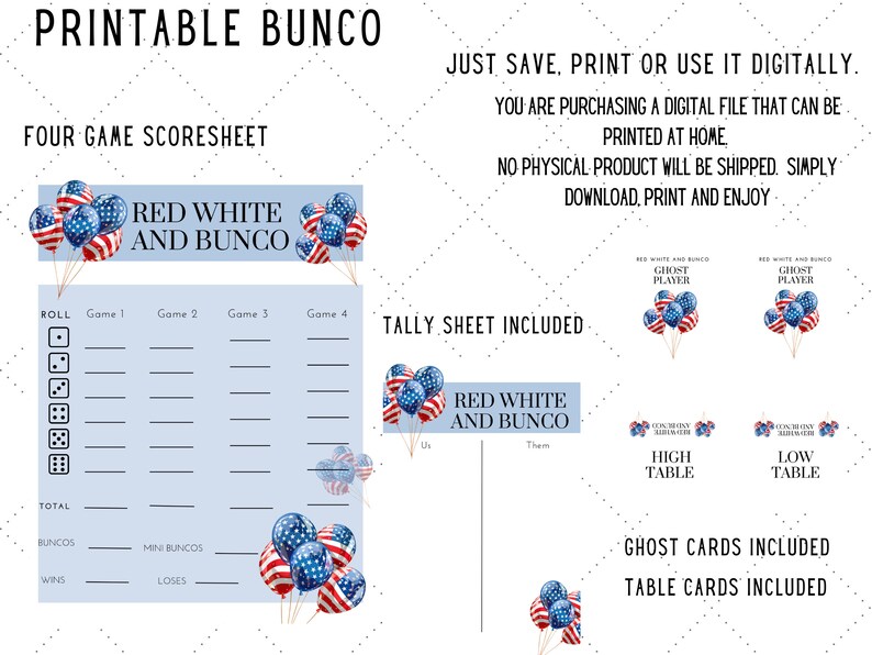 Patriotic American Bunco Set Printable Score Sheets Balloon Tally Cards ...