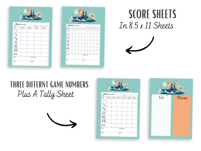 Nautical Water Ocean Bunco Set - Printable Score Sheets and Tally Cards ...