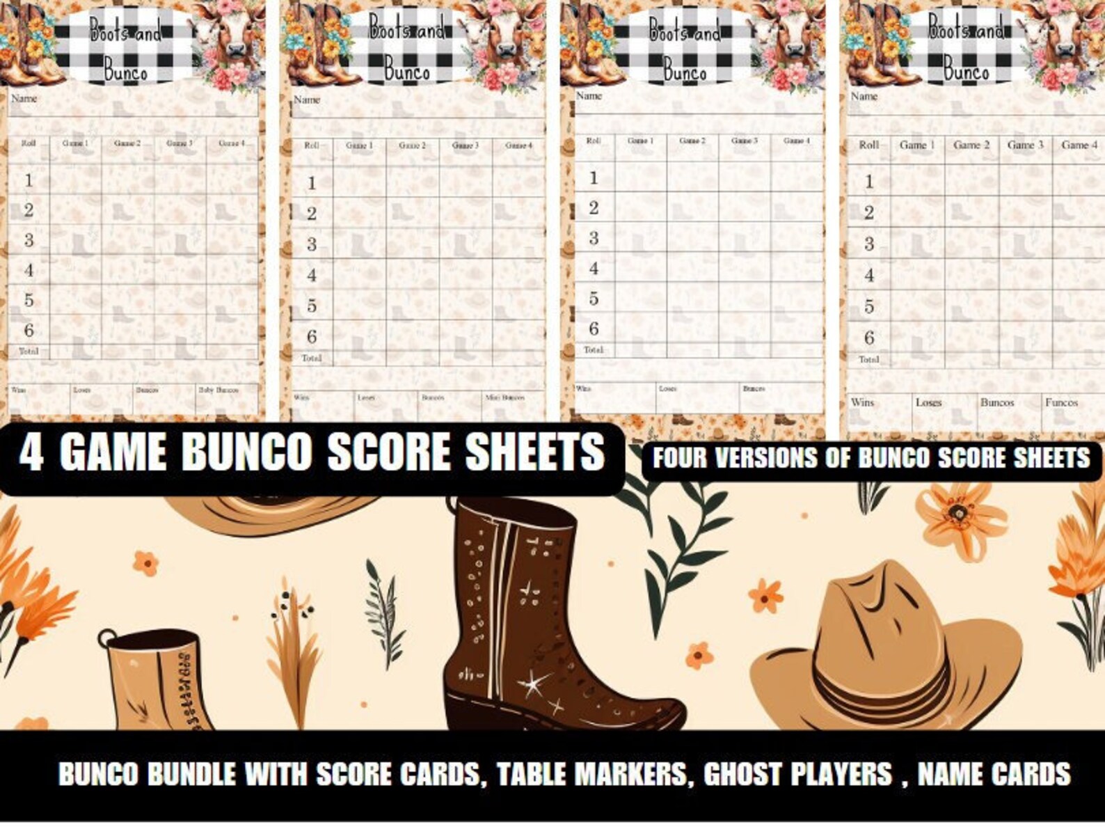 Western Bunco Wild West Cowgirl Cowboy 4 Games, Table Cards, Table ...