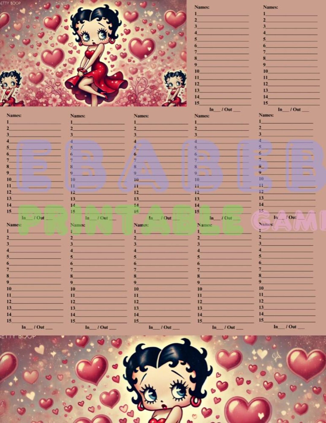 Betty Boop Pink Heart 15 Line Bingo Notebook Page | With 12 Printable ...