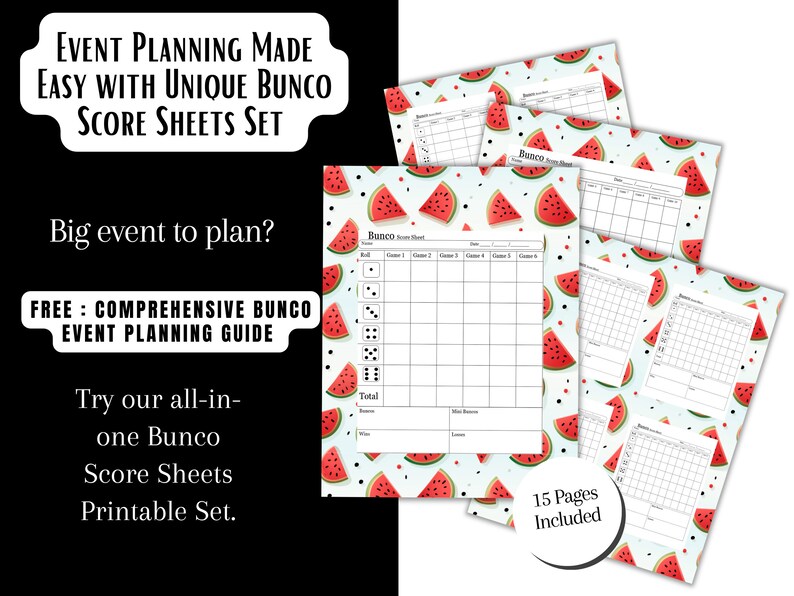 Watermelon Spring Summer Picnic Bunco Score Sheets Set Perfect for ...