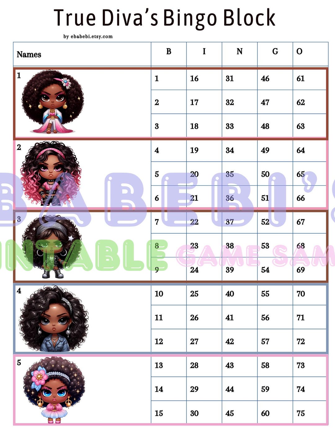 Bingo Boards -instant Download -15 Lines Women Black Diva Chibi Fashion ...