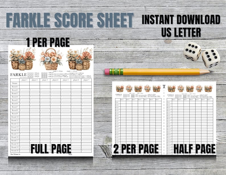 Farkle Score Sheet Printable – Cute Dice Game Scorecard for Family Game ...