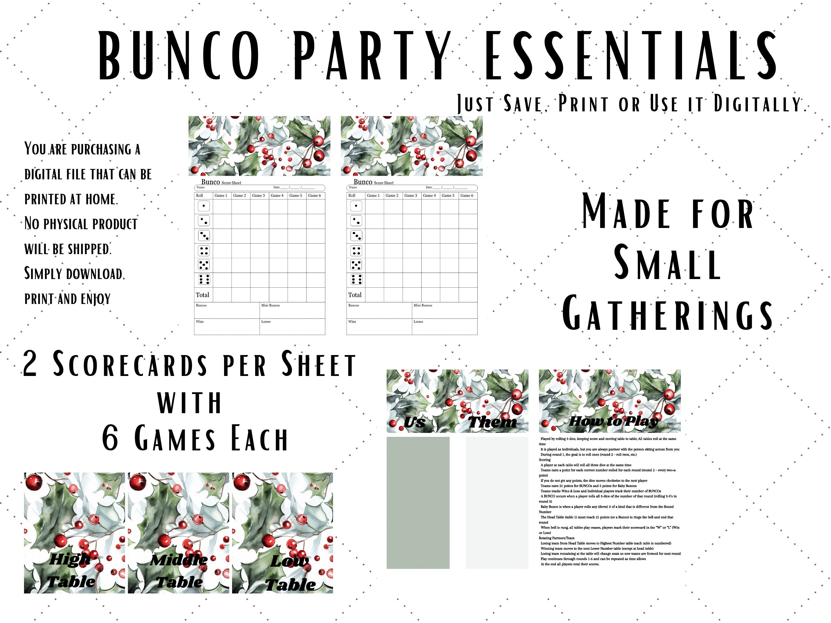 Holly Berry Mini Bunco Printable Game Set - Perfect for Small Party Fun ...