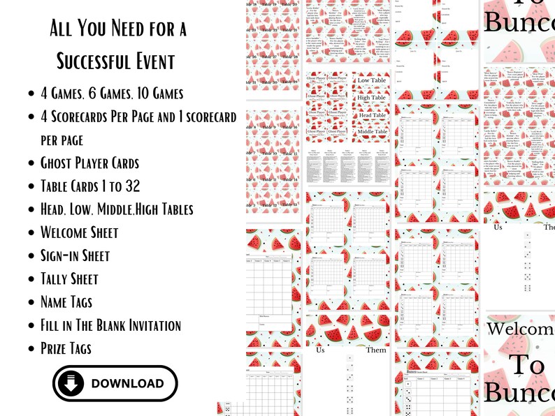 Watermelon Spring Summer Picnic Bunco Score Sheets Set Perfect - Etsy