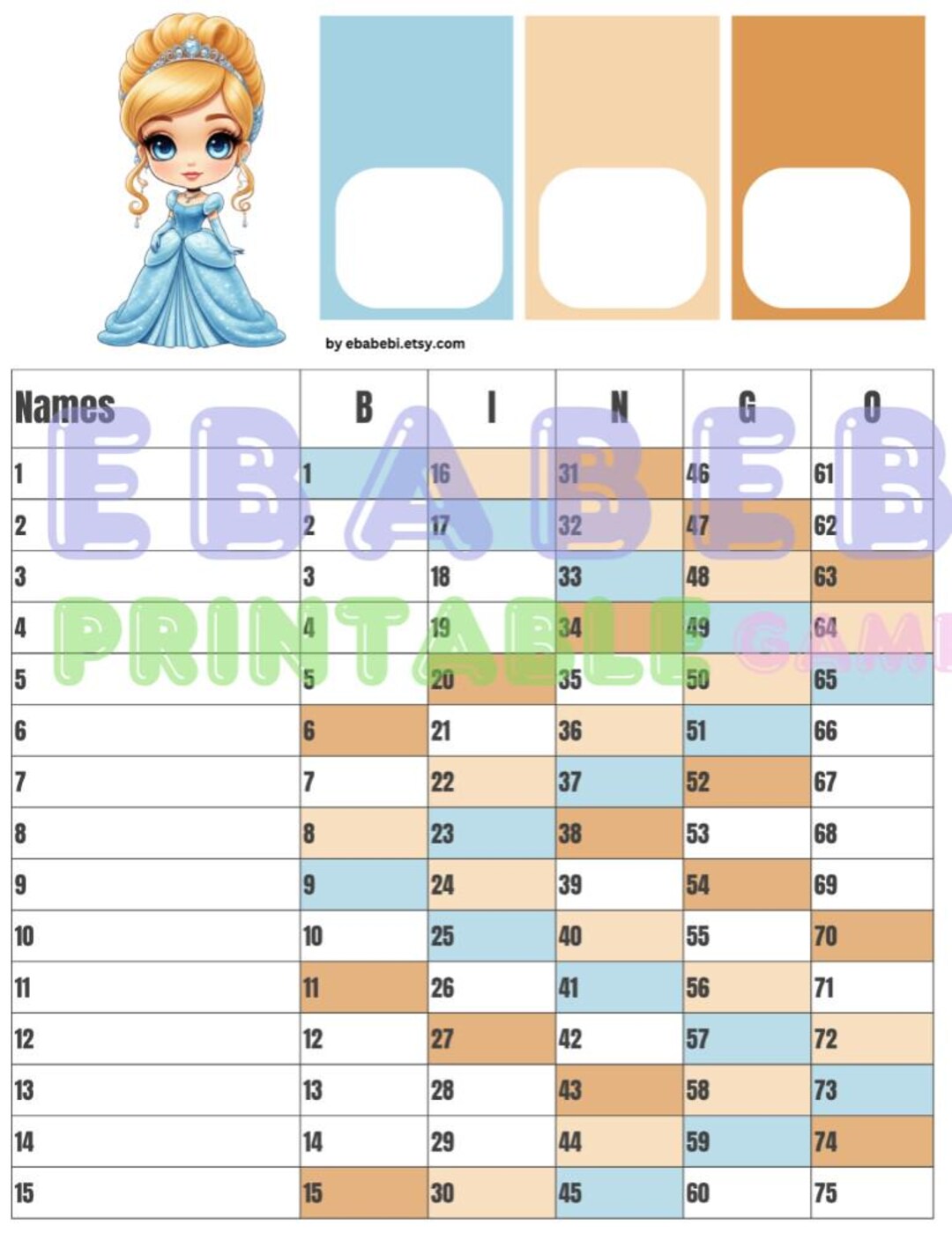 Cinderella Disney Bingo Board Printable Straight Mixed 75 Ball 15 ...