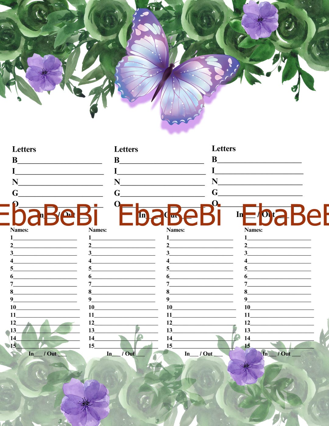 15 Line Bingo Notebook Page | With 9 Printable Adult Letters Names ...