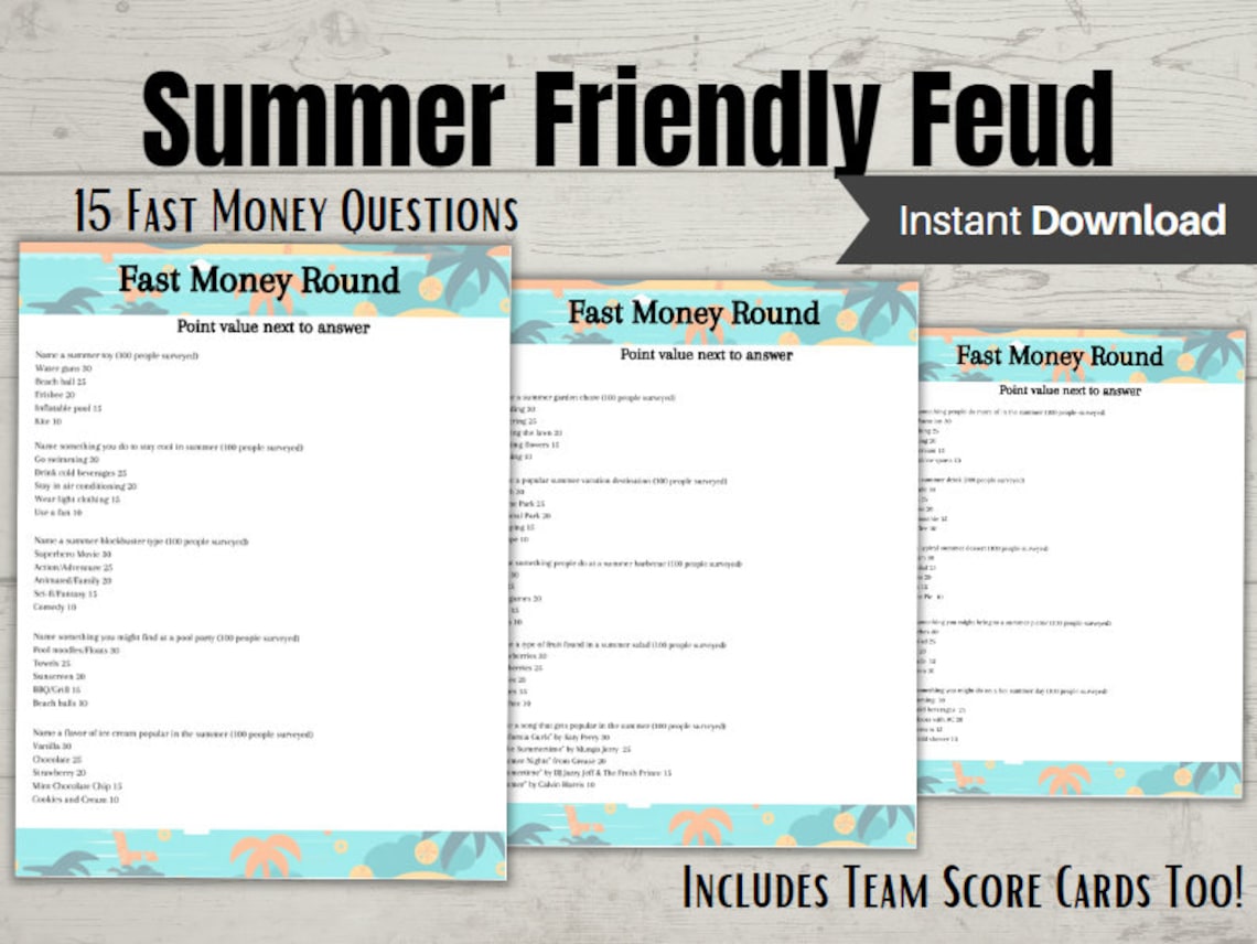 Printable Summer Themed Feud Style Trivia Game for Ultimate Game Night ...