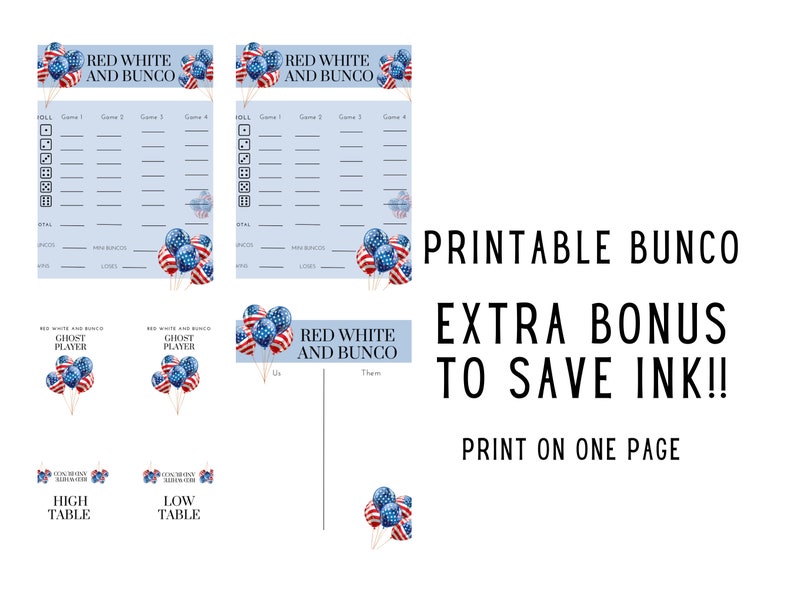 Patriotic American Bunco Set Printable Score Sheets Balloon Tally Cards ...