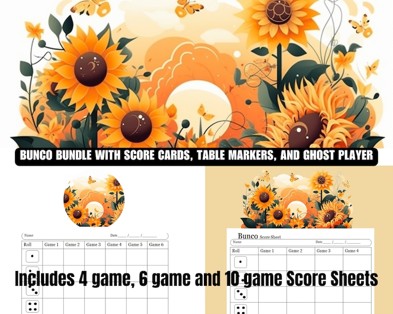 Fall Bunco Party Kit With Sunflower Sun Score Cards, Table Markers ...