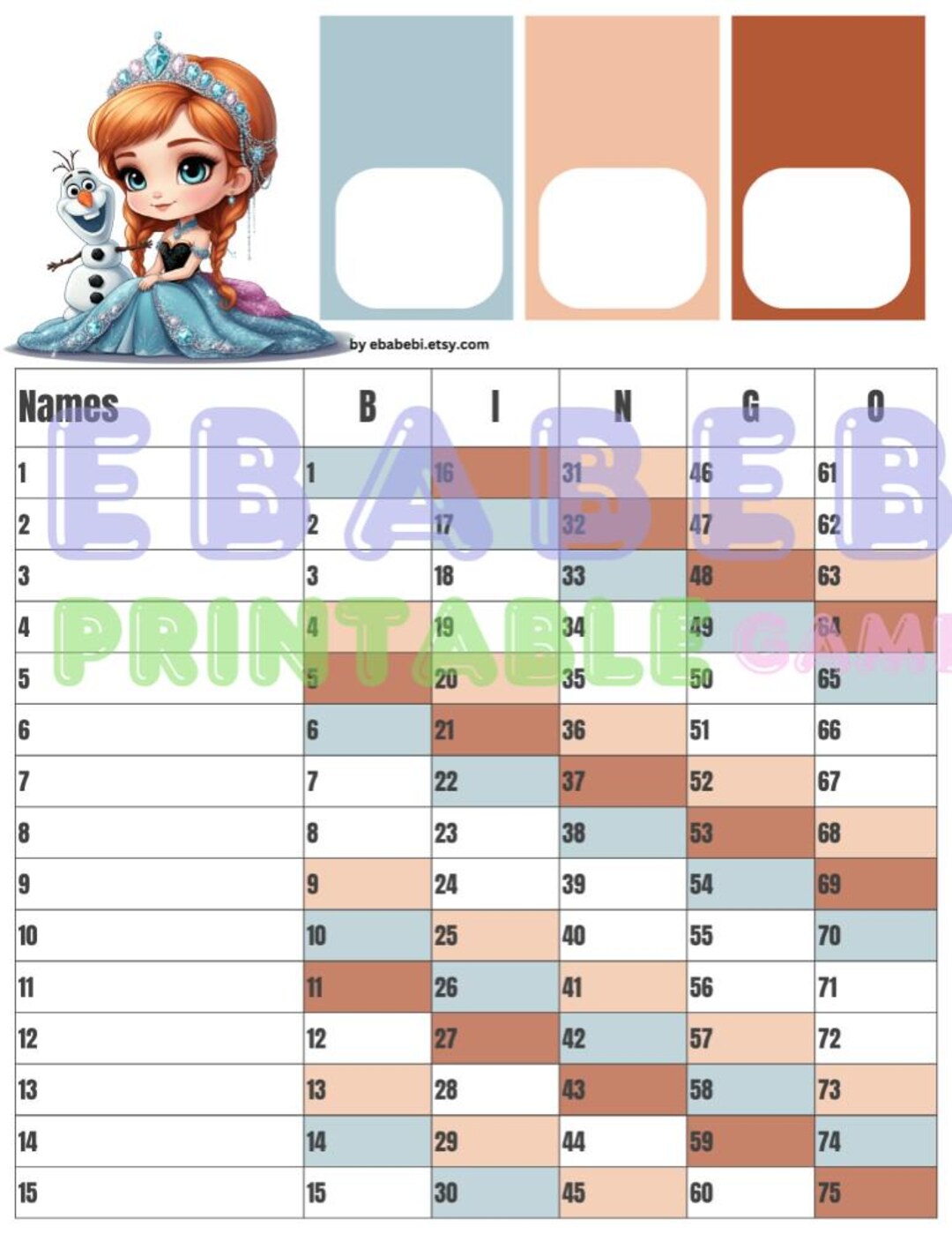 Anna (frozen) Disney Bingo Board Printable Straight Mixed 75 Ball 15 ...