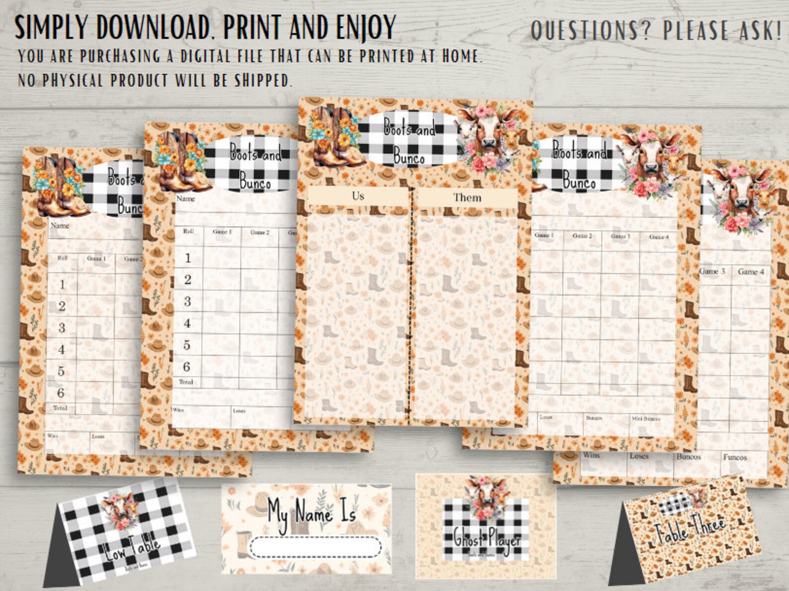 Western Bunco Wild West Cowgirl Cowboy 4 Games, Table Cards, Table ...