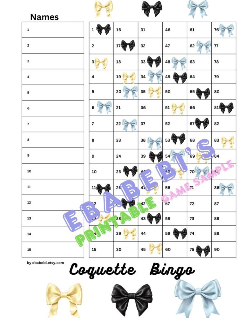 Bingo Boards - Instant Download -15 Lines Bows Coquette Summer ...