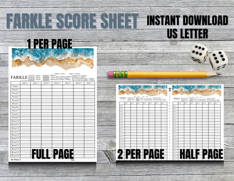 Farkle Score Sheet Printable – Cute Dice Game Scorecard for Family Game ...