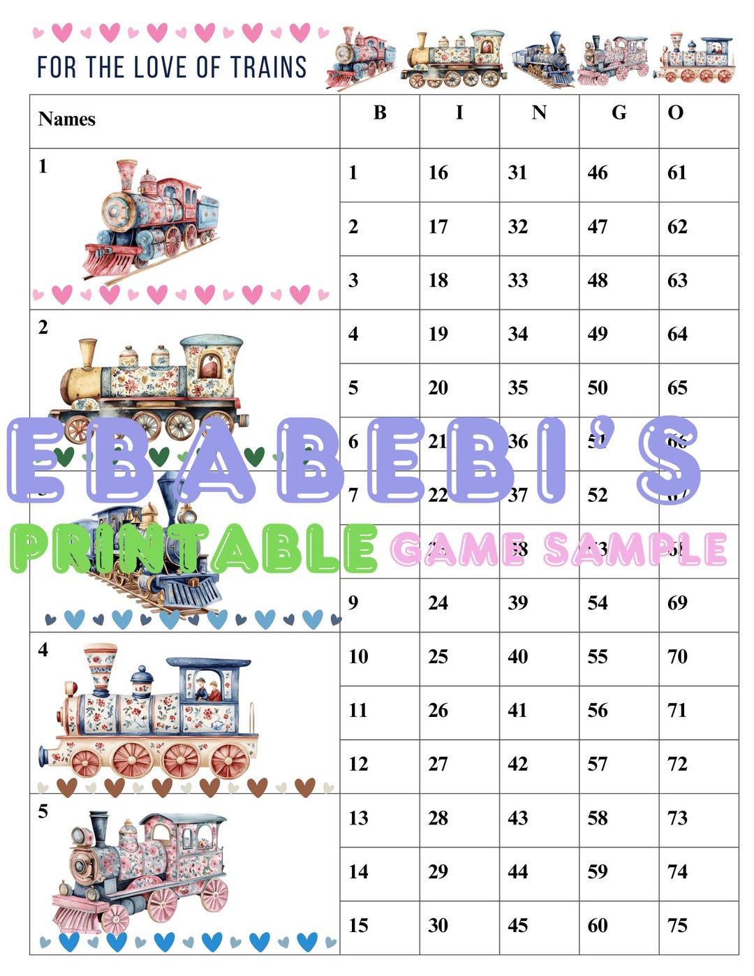 Bingo Blocks -instant Download -15 Lines Bingo Trains Lover Locomotive ...