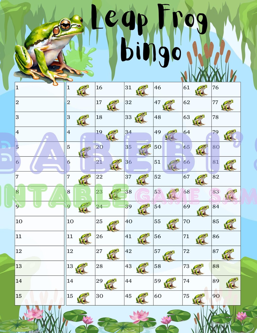 Bingo Boards - Instant Download -15 Lines -leap Frog Pond Water Lily ...