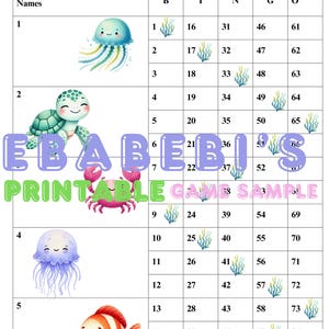 Bingo Boards -instant Download -15 Lines Bingo Blocks Sea Animals Jelly ...