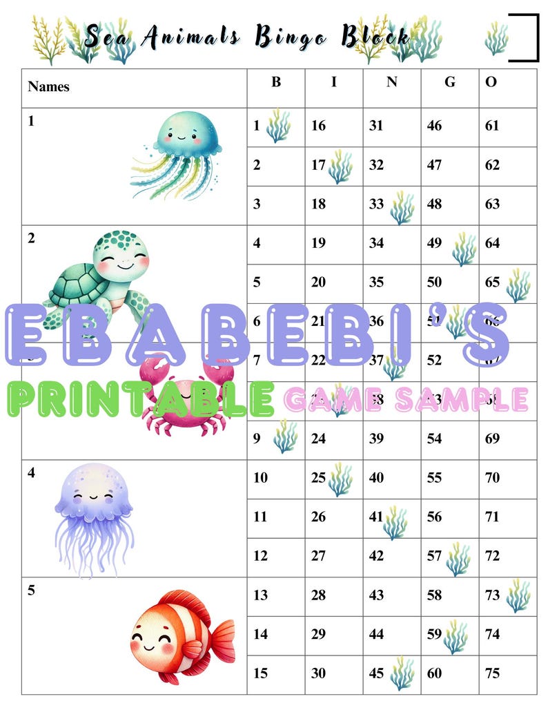 Bingo Boards -instant Download -15 Lines Bingo Blocks Sea Animals Jelly ...