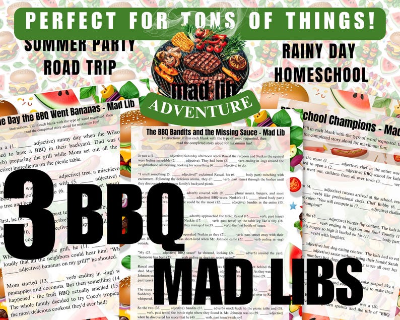 BBQ Mad Libs Bundle - 3 Hilarious Stories + FREE Coloring Page | Kids ...