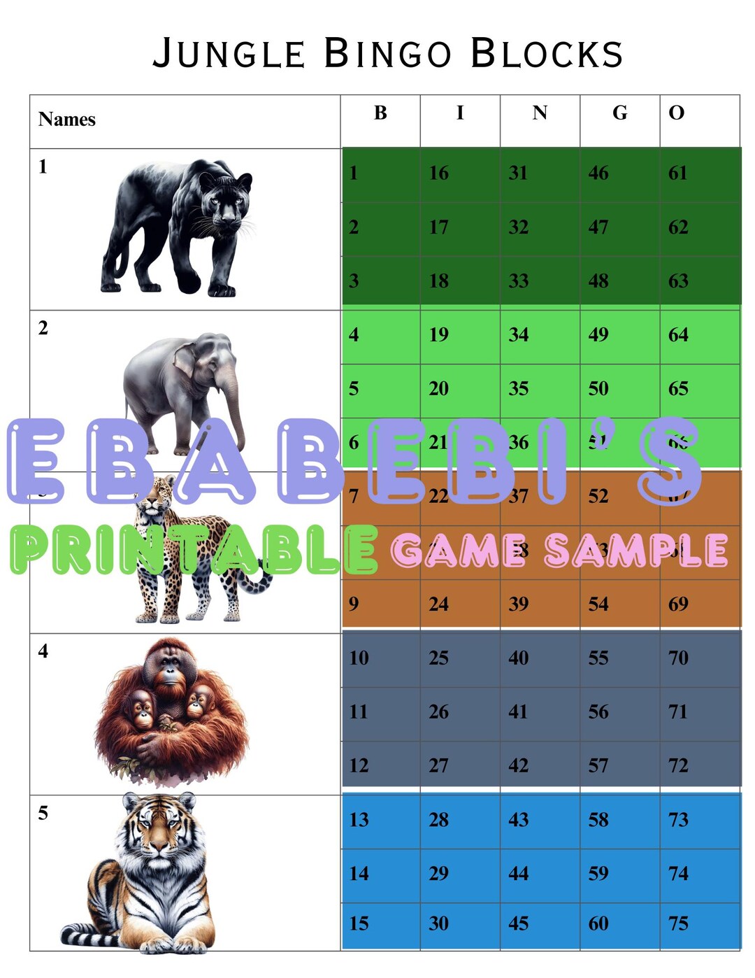 Bingo Boards -instant Download -15 Lines Jungle Bingo Panther Elephant ...